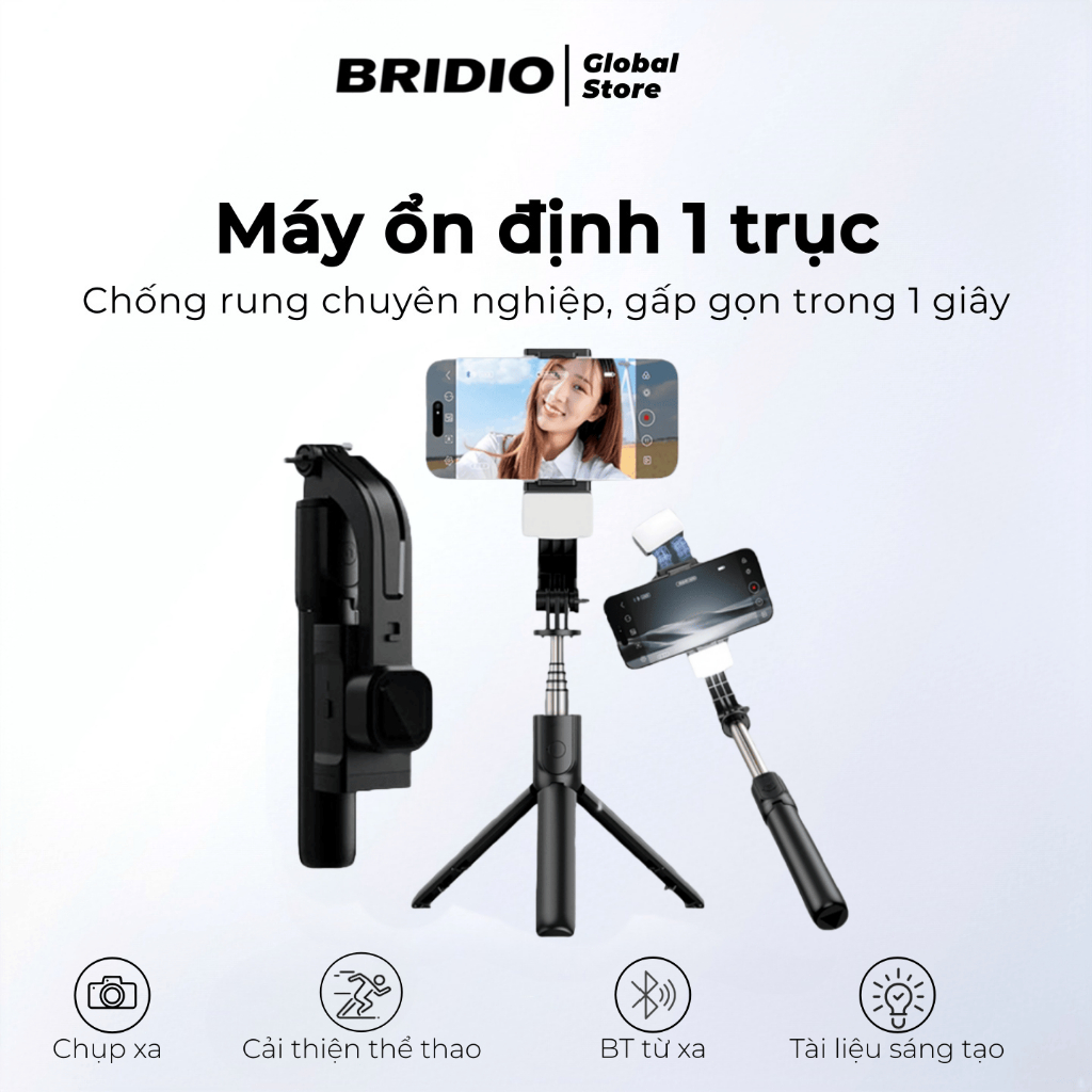 Gimbal 1 trục Bridio C06 chống rung, chân đa năng, Android/iOS, đế ...