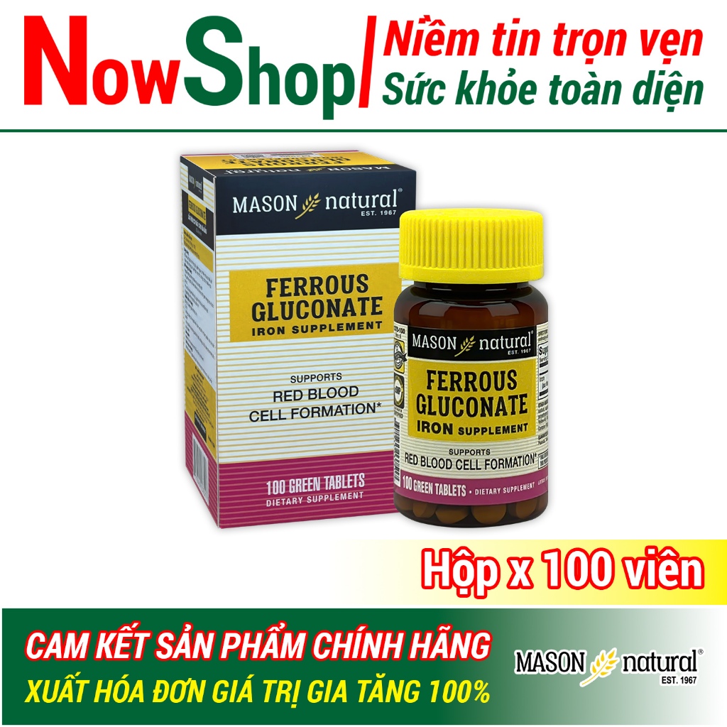 Ferrous Gluconate 27mg Mason Natural Hộp 100 viên sắt hữu cơ dễ hấp thu ...