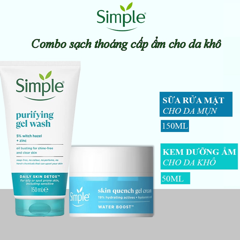 Combo kem dưỡng ẩm Simple Water Boost 50ml + sữa rửa mặt Simple da mụn ...