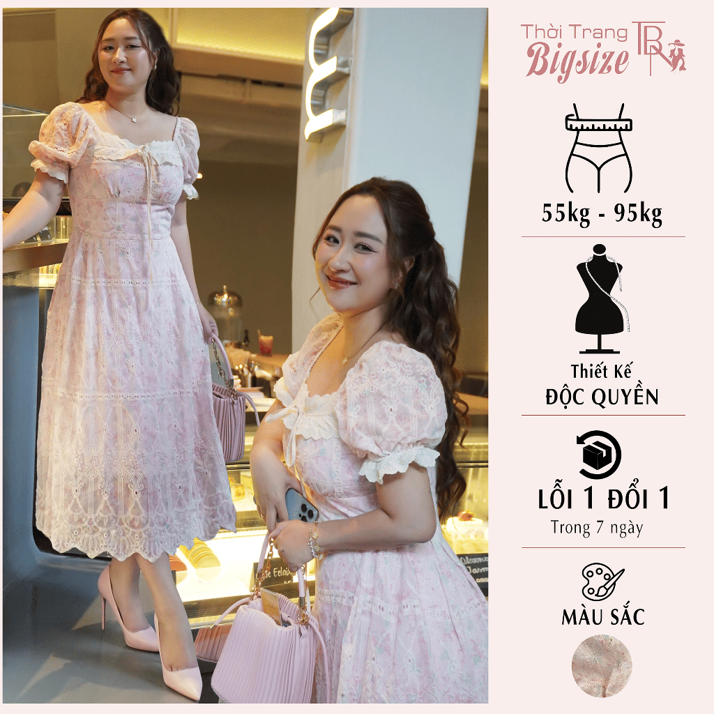 Váy bigsize nữ tay bồng ren hoa nàng thơ từ 55 - 100 kg, đầm bigsize nữ ...