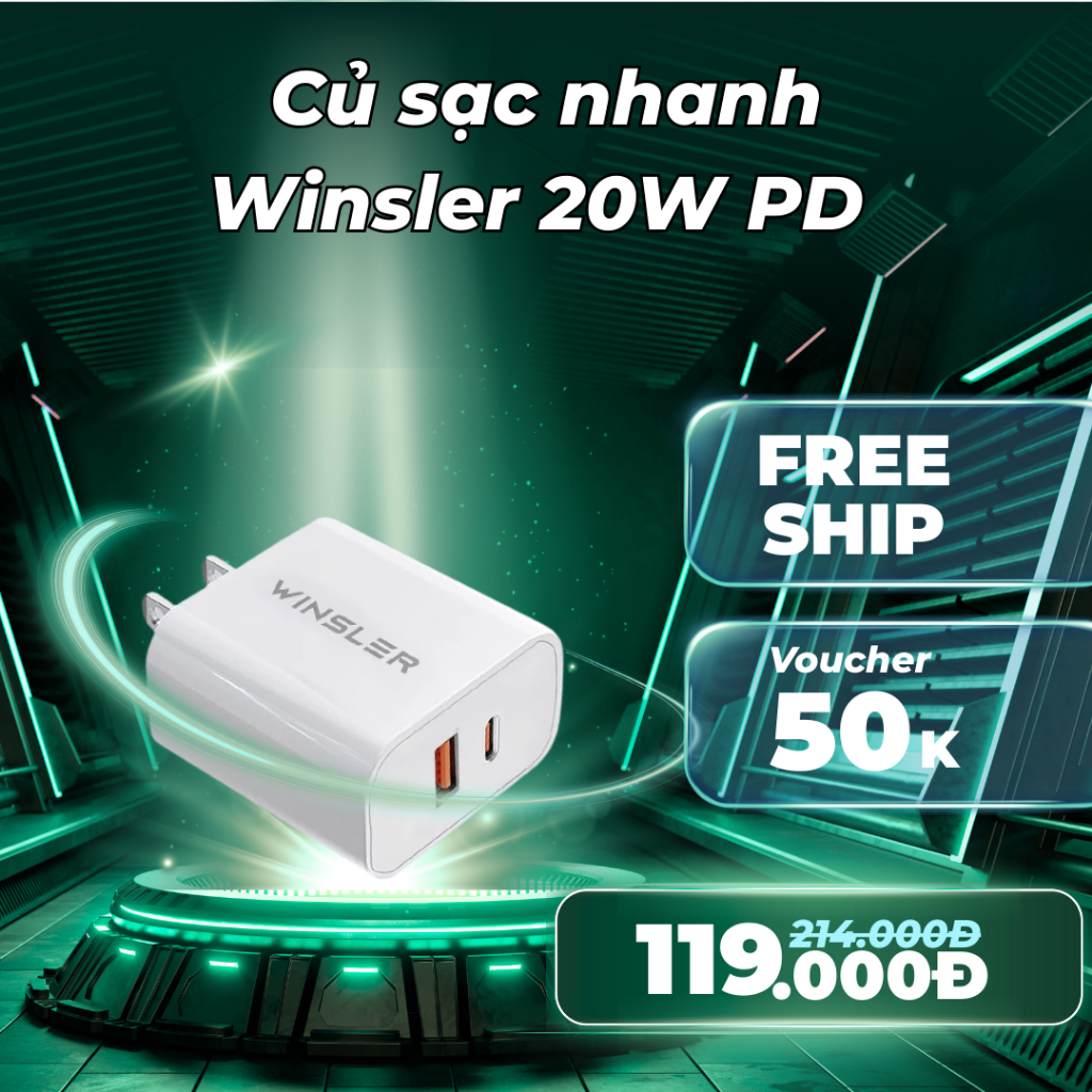 Củ sạc nhanh Winsler 20W PD 20W 1C1A chuẩn PD nhỏ gọn tương thích nhiều thiết bị điện thoại ...