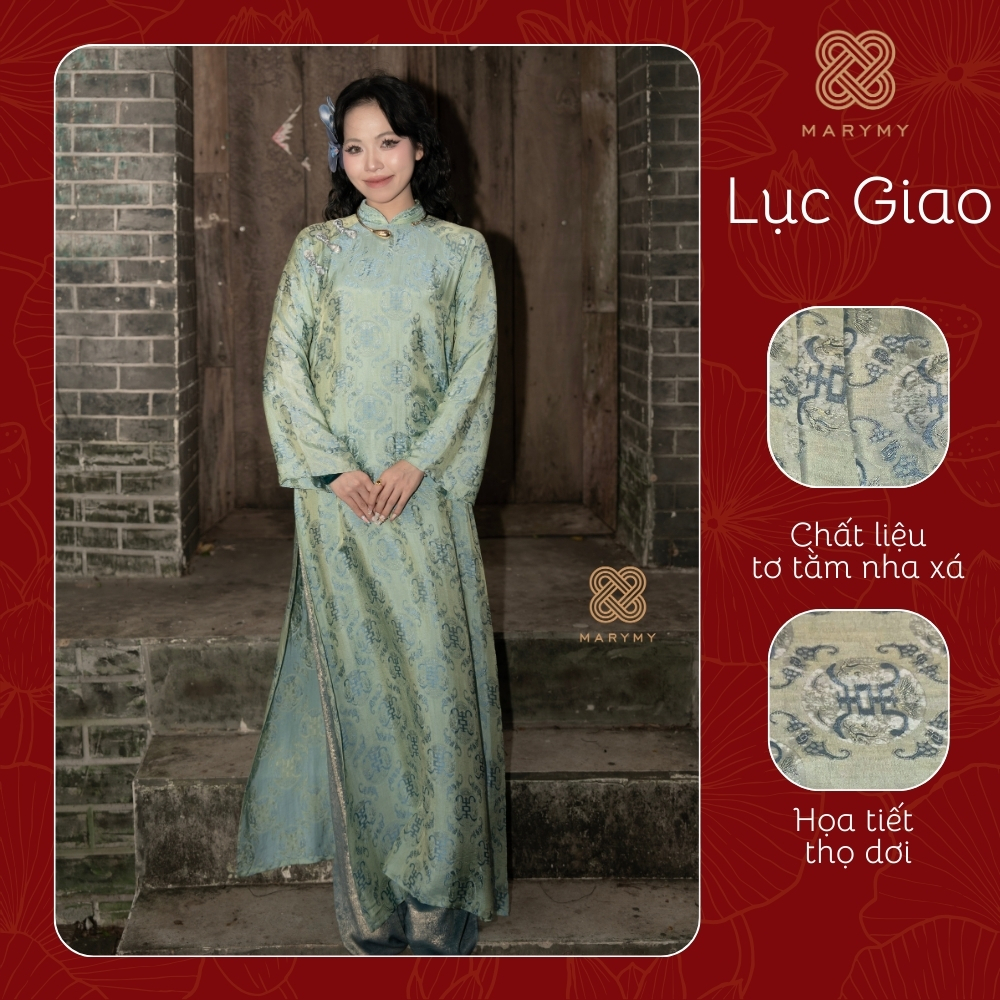 [TẶNG KÈM QUẦN] Áo Dài Cách Tân Lục Giao MARYMY Chất Liệu Tơ Tằm Nha Xá Cổ Trụ Đính Charm Khuy ...