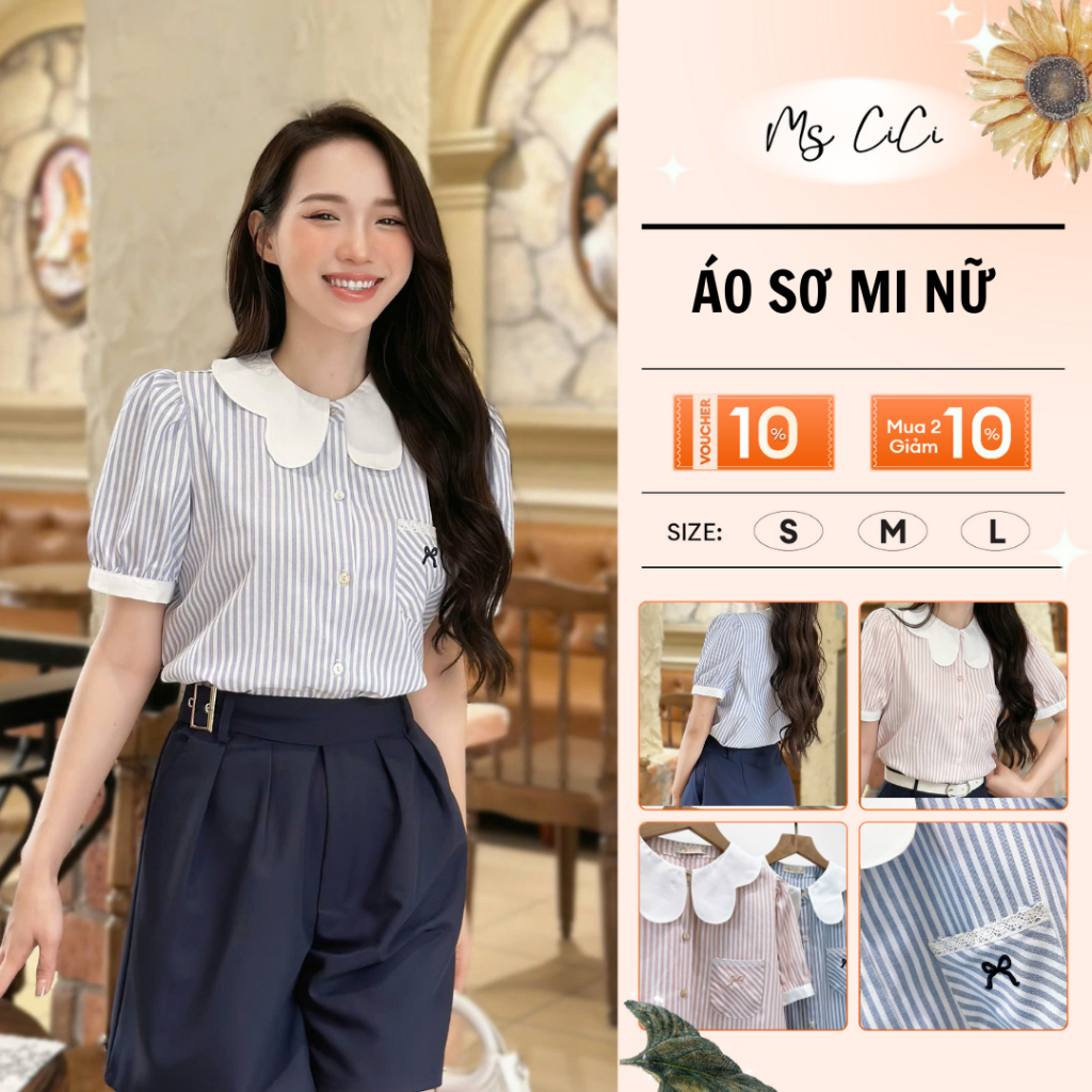 Áo sơ mi ngắn tay Kyomi by Ms Cici thiết kế cổ lượn, kẻ sọc nhí thời ...