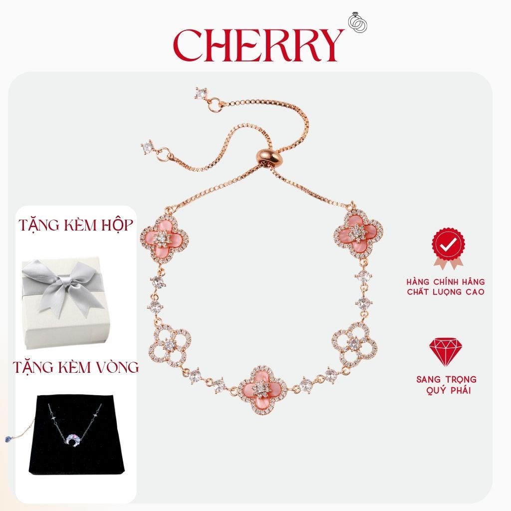 Vòng tay titan cỏ 4 lá, Lắc tay bạc mặt hoa mạ vàng hồng CHERRY Jewelry - Tặng set vòng mặt ...