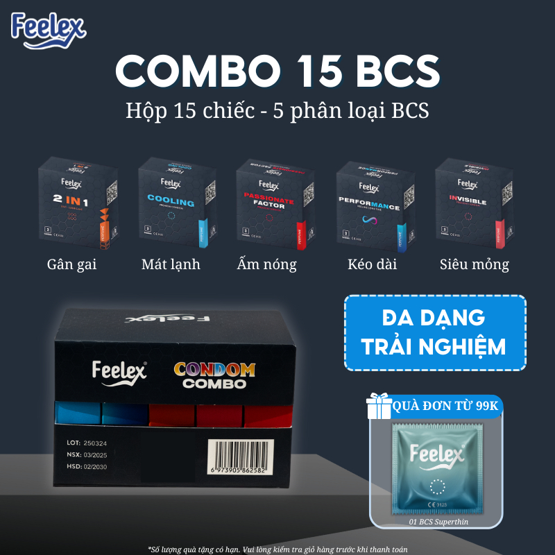Bao cao su Feelex Combo Shandong 15 chiếc hương nước hoa, đa dạng công ...