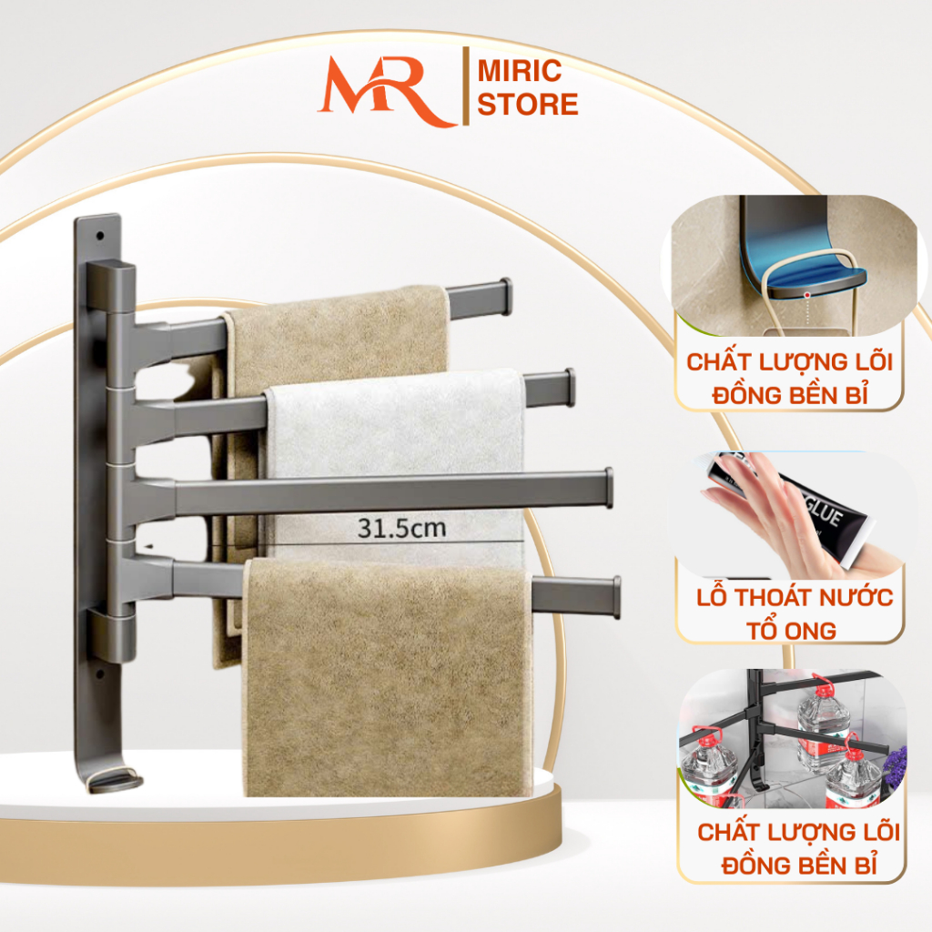 Giá treo khăn cánh tay xoay 180 độ Miric chống hoen rỉ không cần khoan ...