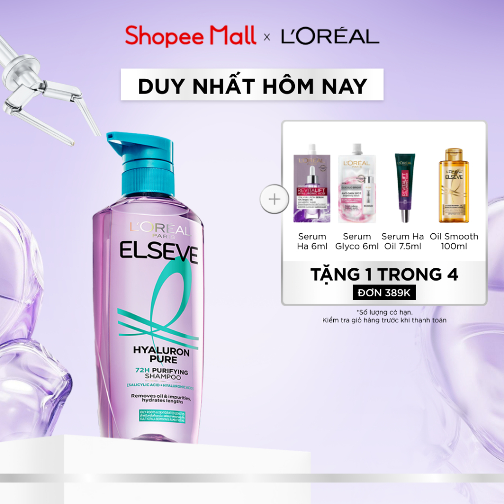 Dầu gội nhẹ bồng mái tóc 72H Elseve HA Pure cho da đầu dầu hoặc Moist cho da đầu khô 620ML ...