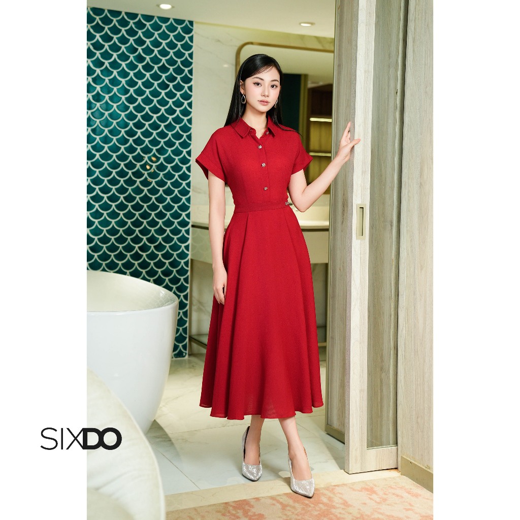 Đầm sơ mi đỏ dáng xòe SIXDO (Red Woven Flared Dress) | Shopee Việt Nam