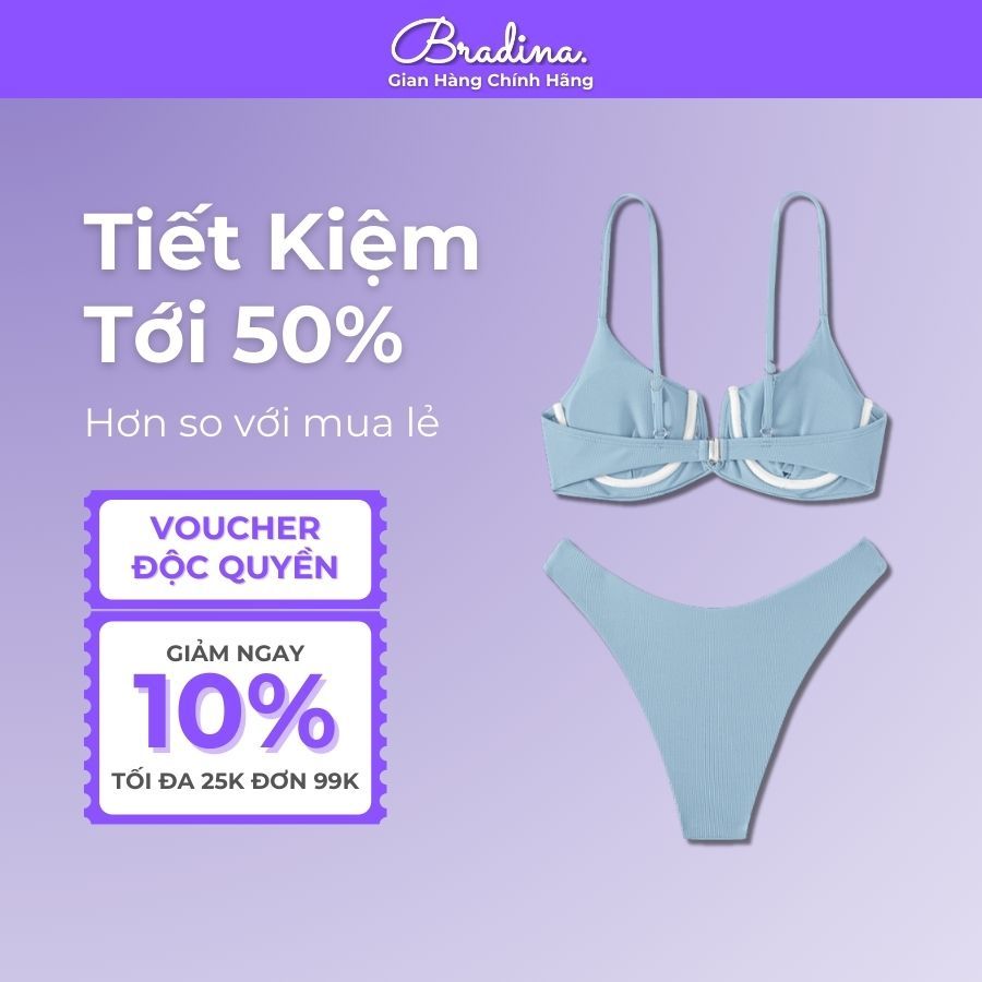 Set đồ bơi nữ Bikini 2 mảnh Bradina, trơn màu, gân sọc, có gọng, khoét ...