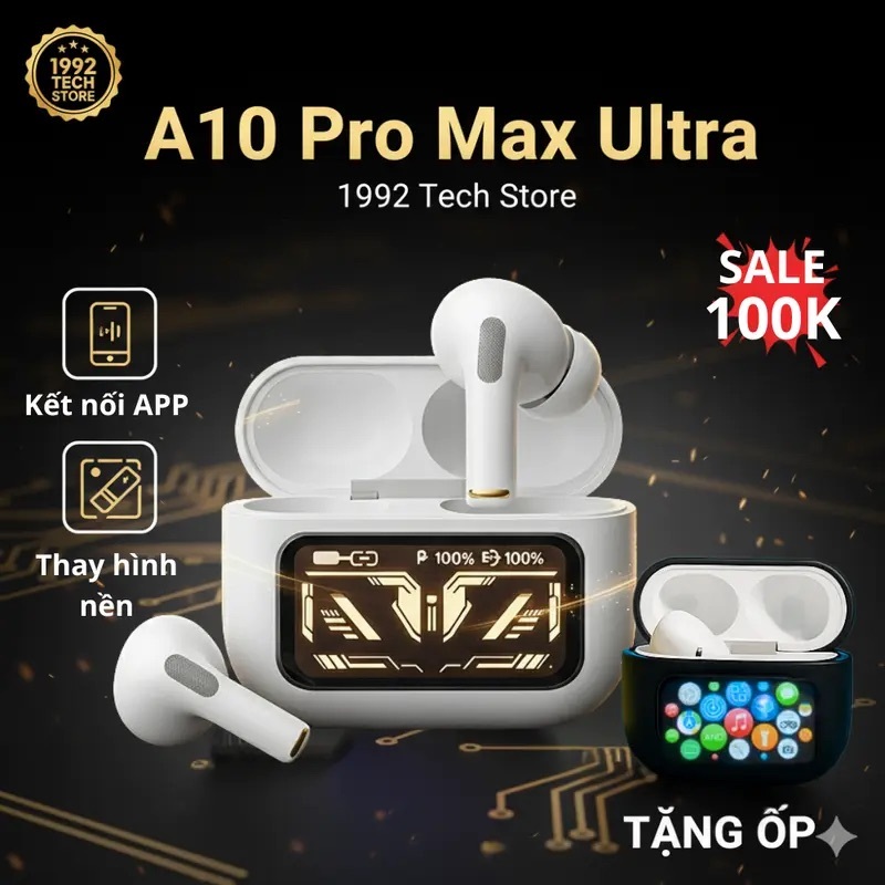 Tai nghe A10 Pro Max Ultra, màn hình cảm ứng, giảm tiếng ồn, kết nối ...