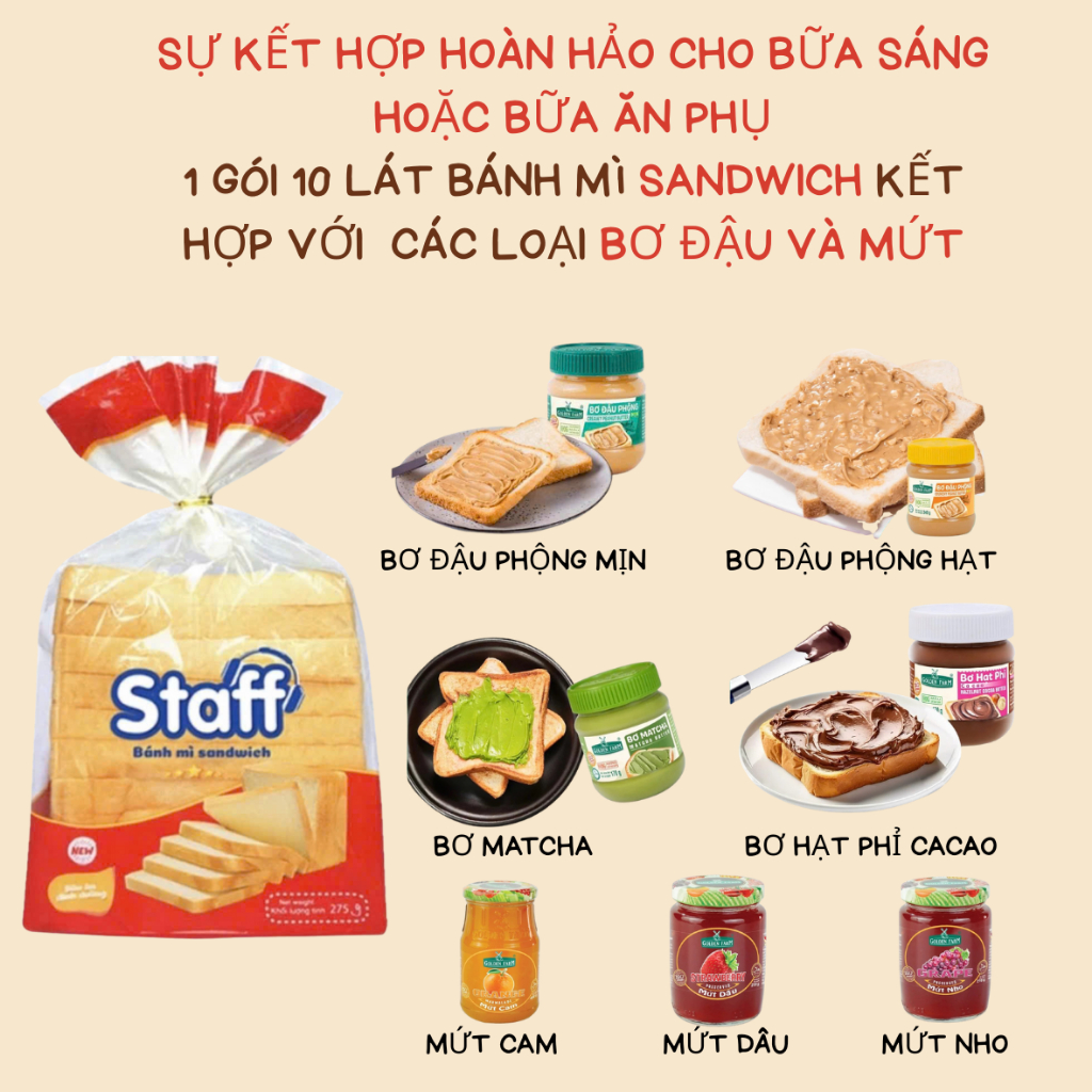 Bánh mì sandwich Staff 10 lát mềm 275g thơm ngon kèm với các loại bơ và ...