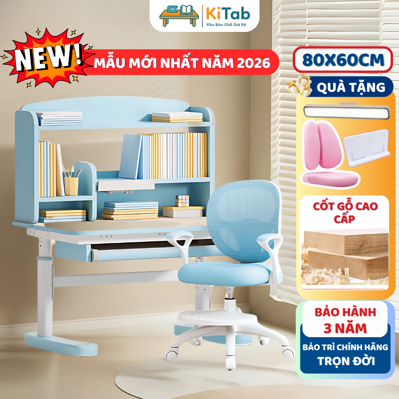 Bàn học chống gù KiTab U08 Bàn học sinh nâng hạ tay quay có giá sách ...
