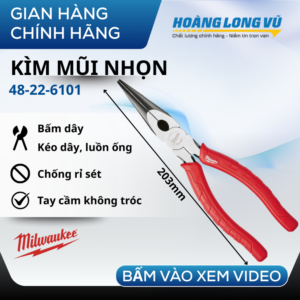 Kìm mỏ dài, kìm nhọn 8 inch Milwaukee 48-22-6101, bền bỉ, đa năng có độ ...