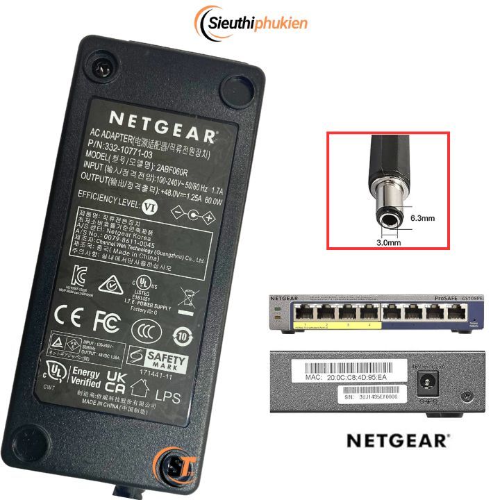 Dây nguồn cho Switch Netgear GS108PE 8Port Gigabit 48v 1.25a - chính ...