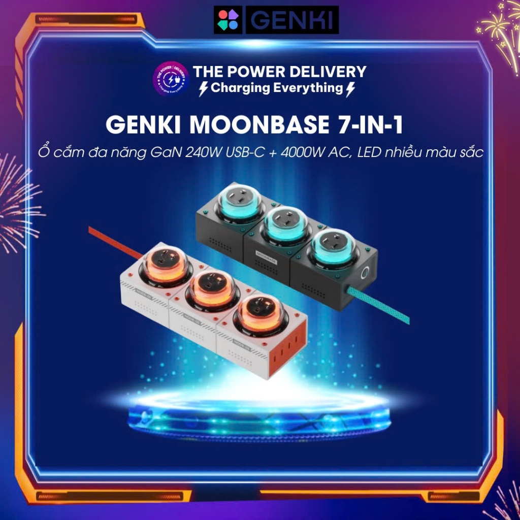 Ổ Cắm Đa Năng Genki Moonbase 7-in-1 GaN 240W USB-C + 4000W AC, LED ...