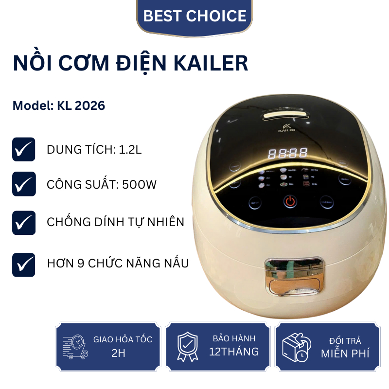 Nồi cơm điện Kailer KL-2026 1.2L lòng inox vân lục giác chống dính, màn ...