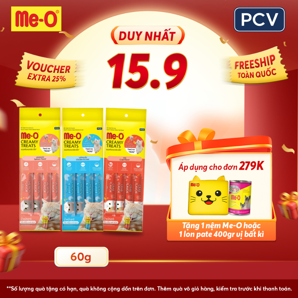 [15.9-Quà tặng cho đơn 279k] Súp thưởng cho mèo Me-O gói 60gr (Thanh 15g x 4) - Nhiều vị ...