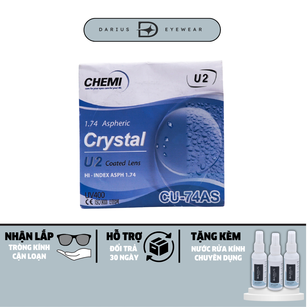 Tròng kính cận loạn CHEMI U2 U6 chống xước, chống bám hơi nước, vân tay chống ánh sáng xanh ...