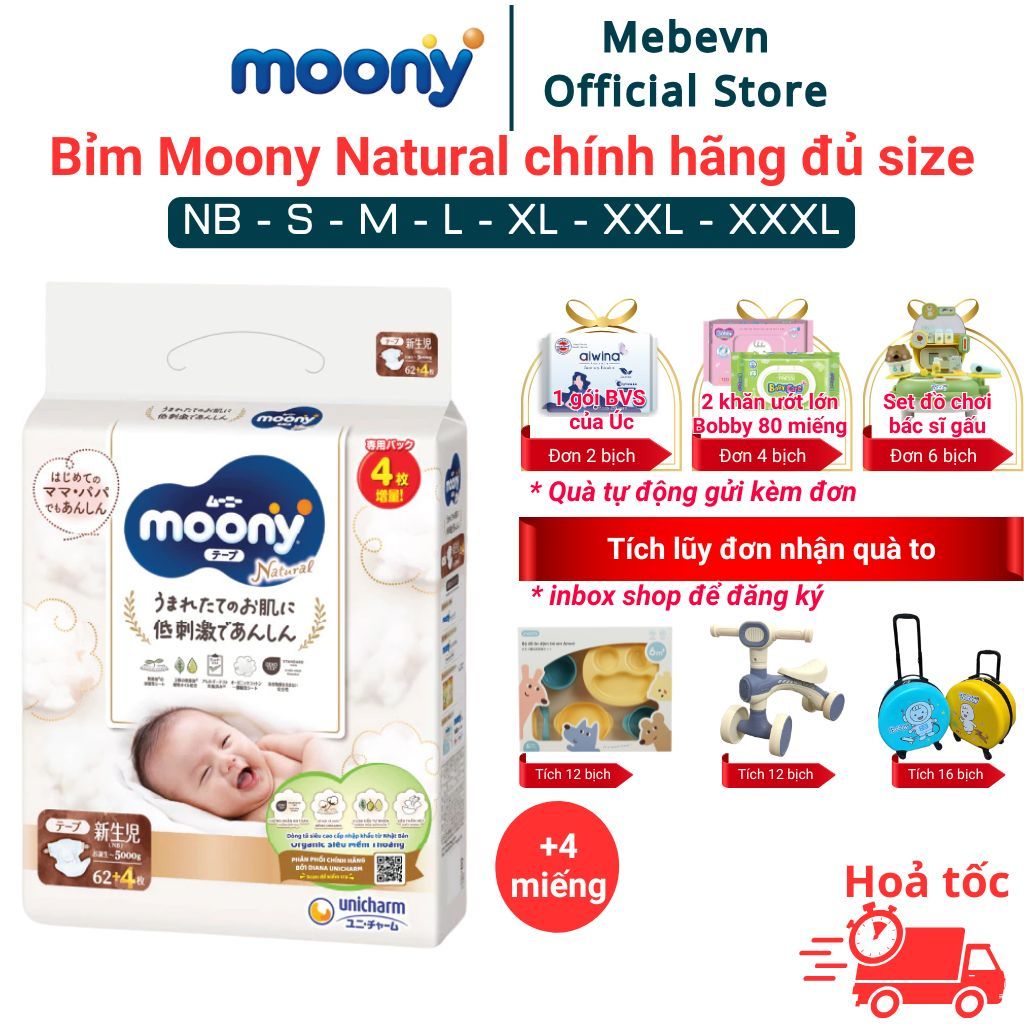 Bỉm moony trắng, bỉm moony natural chính hãng Dán/Quần đủ size NB62/S58/M46/L36/XL32 | Shopee ...