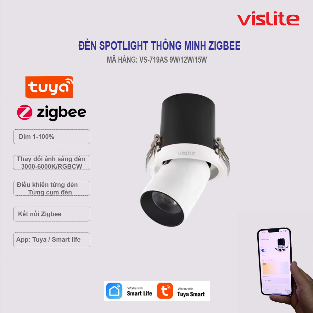 Đèn Spotlight thông minh Zigbee chỉnh hướng 360 độ, 9W/12W/15W, ánh ...