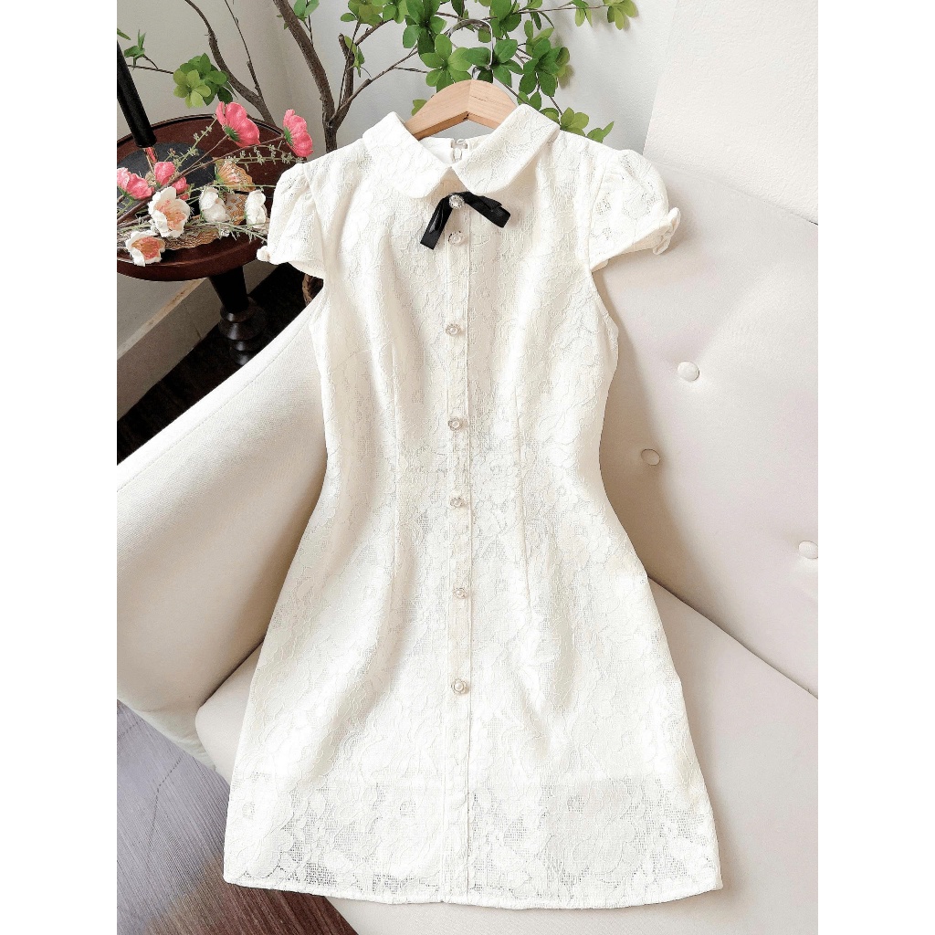 Váy hoa gấm thiết kế Ranaa Dress Tia19. Đầm somi nữ ren hoa gấm trắng ...