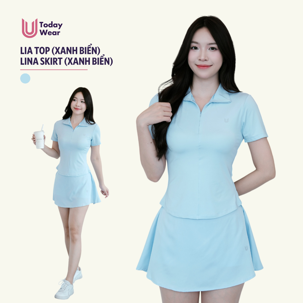 Set đồ tập thể thao nữ áo Lia Top mix chân váy Lina Skirt xanh biển ...