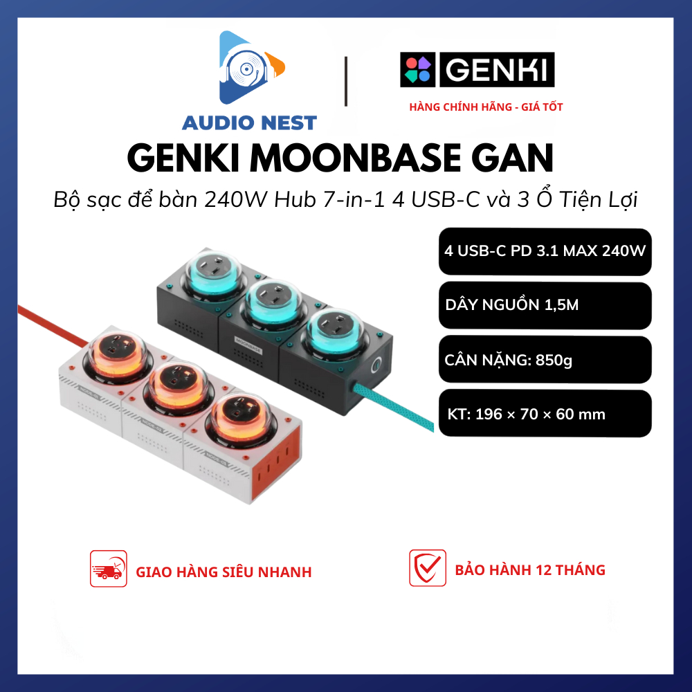 Bộ Sạc Đề Bàn GENKI Moonbase 240W GaN 3 AC & 4 USB-C (Tối đa 140W ...