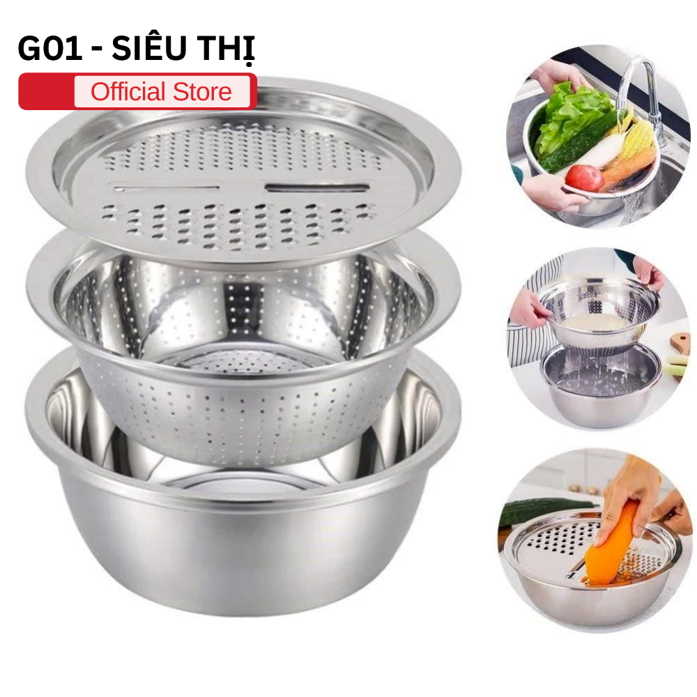 Bộ thau rổ bào G01 Bộ dụng cụ bào đa năng - Bộ 3 món bào nạo rau củ ...