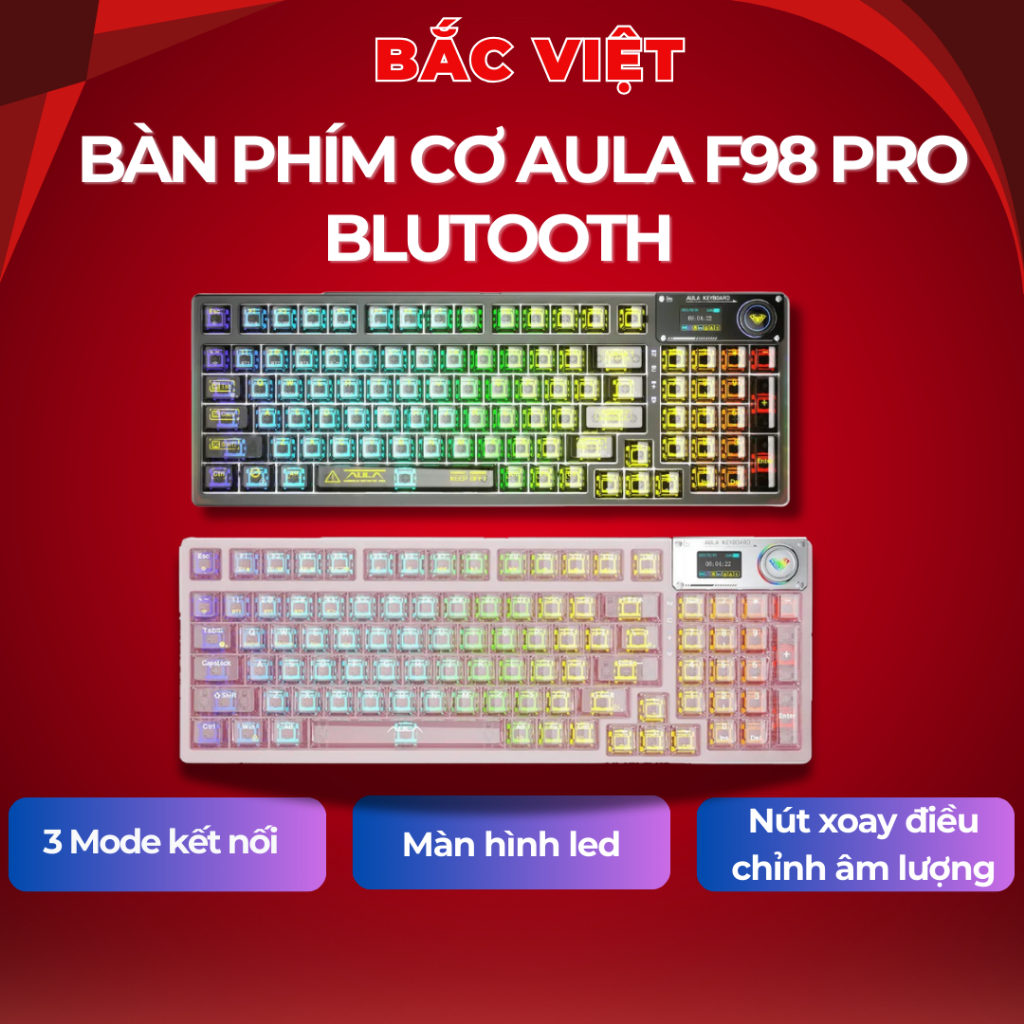 Bàn Phím Cơ Bluetooth Trong Suốt Aula F98 PRO LED RGB, Màn Hình LED tuỳ ...