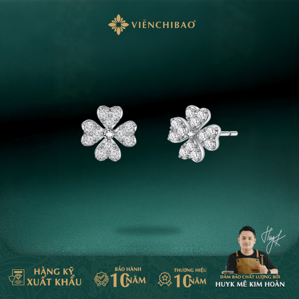 Bông tai bạc nữ hình cỏ 4 lá đá trắng chất liệu bạc 925 - Viễn Chí Bảo E044 | Shopee Việt Nam