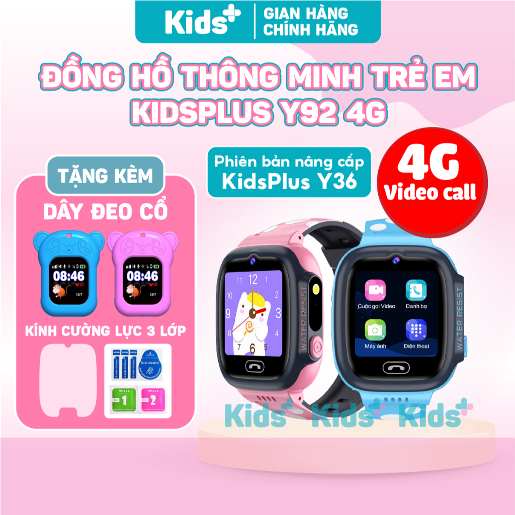 [ TẶNG DÂY ĐEO CỔ - KÍNH CƯỜNG LỰC ] Đồng hồ thông minh trẻ em KidsPlus Y92 4G lắp sim nghe gọi ...