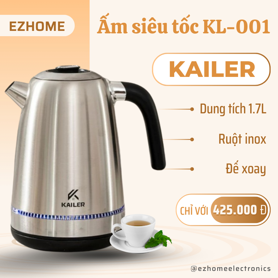 Ấm Siêu Tốc Inox Kailer KL-001 Dung Tích 1.7L Đun Nhanh Chống Cặn Tự ...