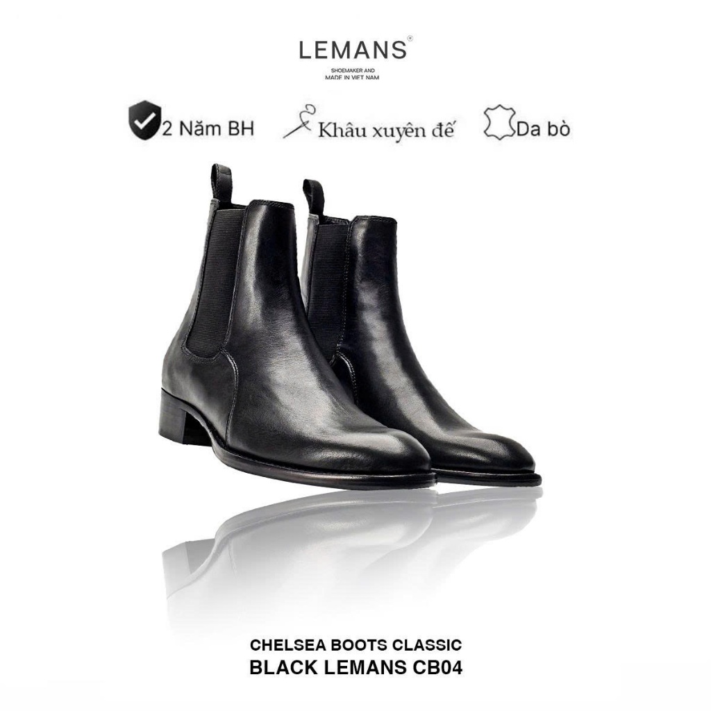 Giày da bò nguyên tấm Chelsea Boots Classic Black LeMans CB04 nam mũi ...
