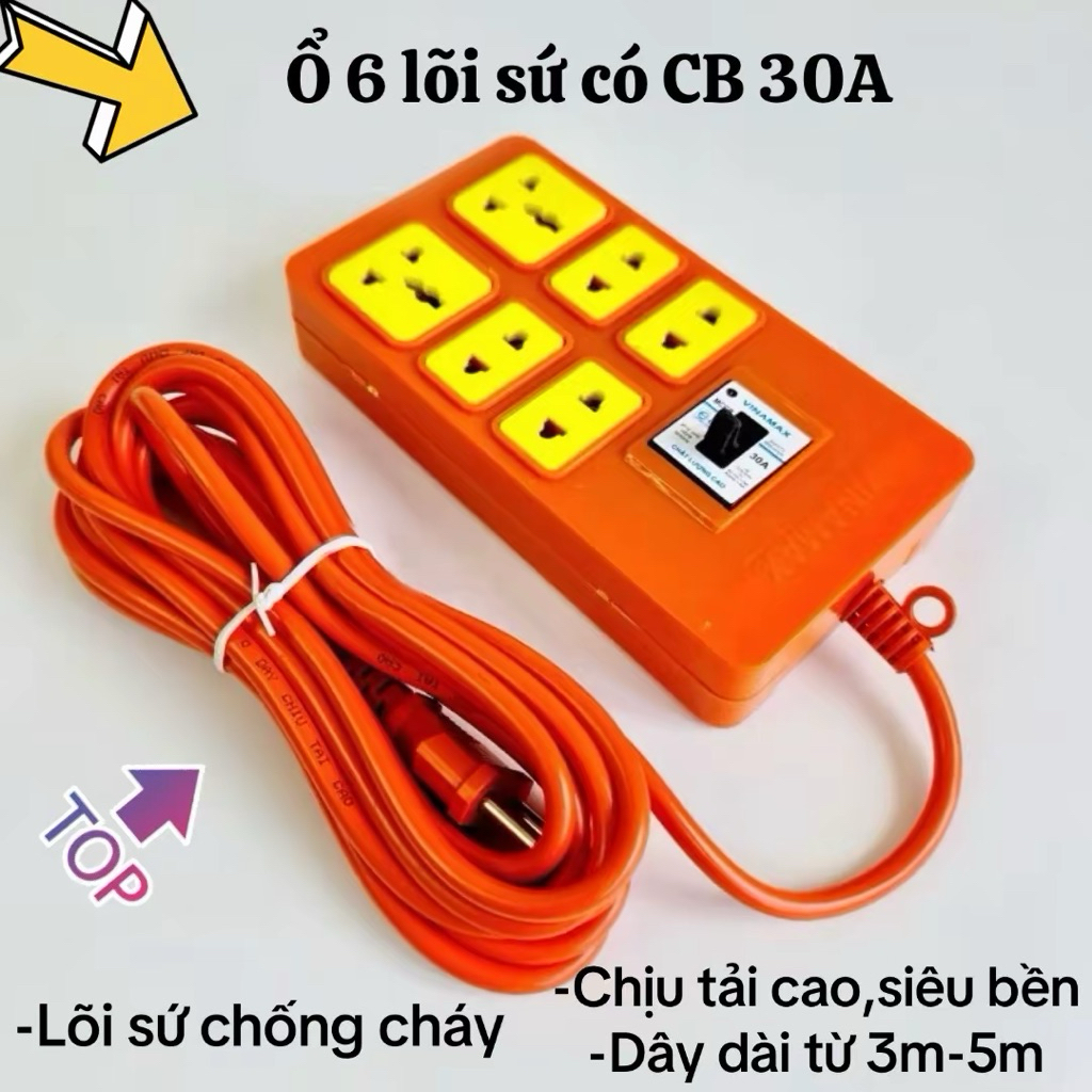 Ổ CẮM ĐIỆN CHỊU TẢI 6 LÕI SỨ CÓ CB 30A VINAMAX-Dây Chịu Tải 4500W,Dài ...
