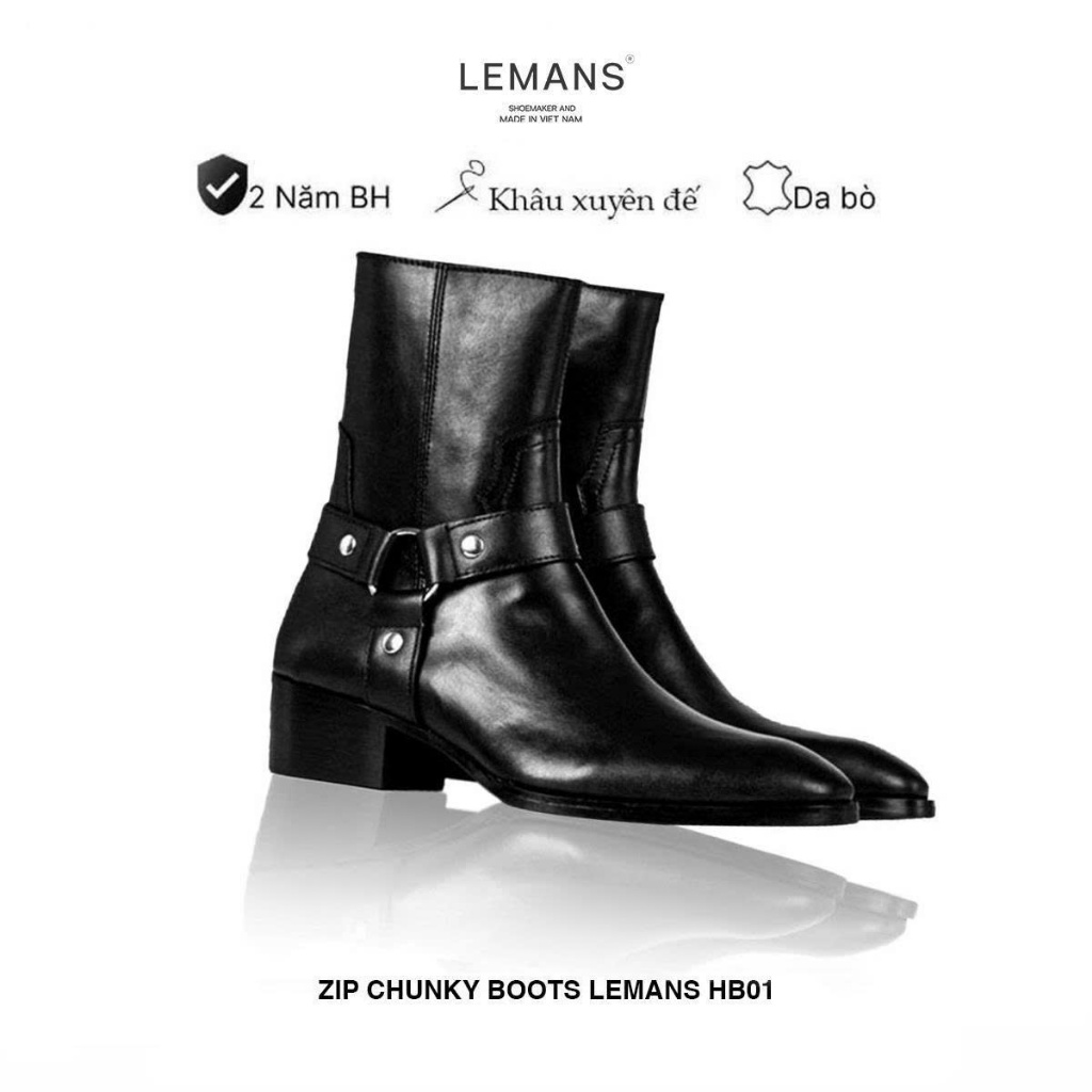 Giày da bò nguyên tấm Harness Boots Black LEMANS HB01 Gót vân Gỗ (Phíp ...