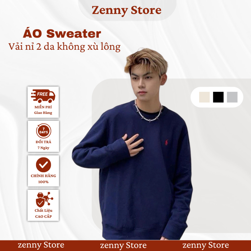Áo Sweater cổ tròn ZENNY logo thêu from rộng Unisex, vải nỉ 2 da cao ...
