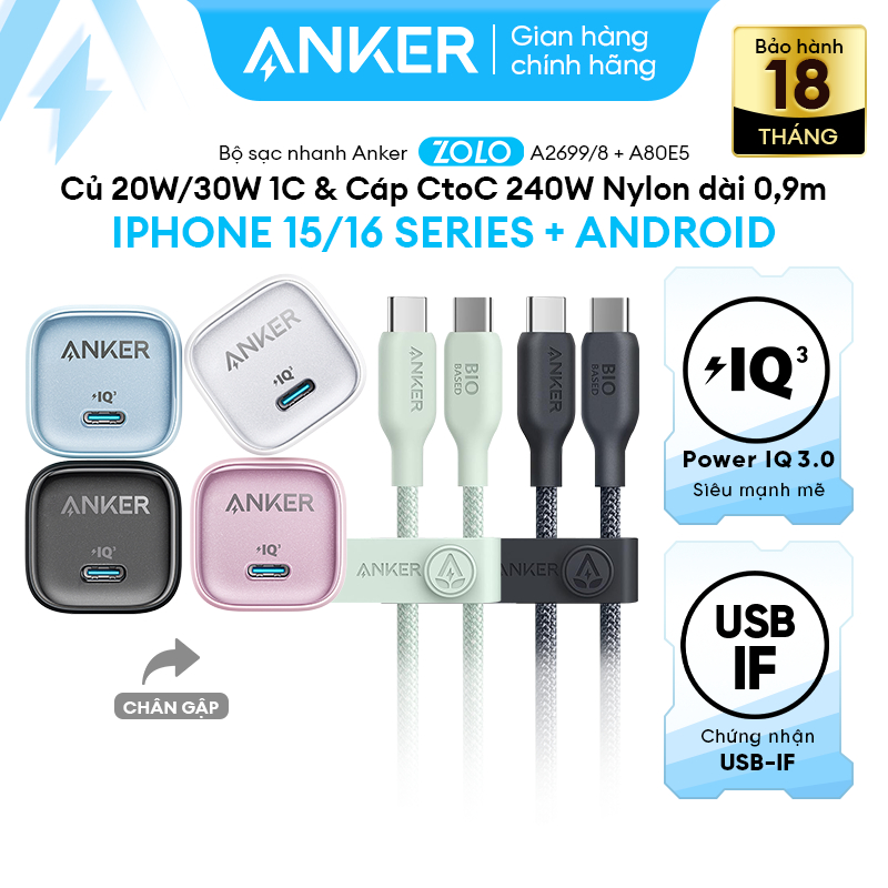 Combo sạc nhanh Anker Zolo 20W/ 30W 1C USB-C & Cáp CtoC [240W dài 0,9m] cho iPhone 15/16 series ...