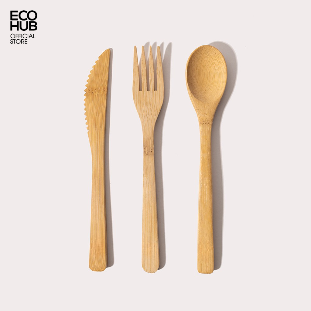 Bộ muỗng nĩa dao tre ECOHUB 16cm, Mộc Tự nhiên | E00161 | Shopee Việt Nam