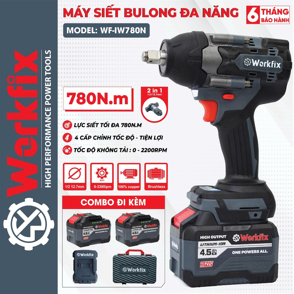 Máy siết bulong Workfix WF-IW780N, 780Nm, 4 tốc độ - Không Chổi Than - Vặn Mở Siết Bulong Ô tô ...
