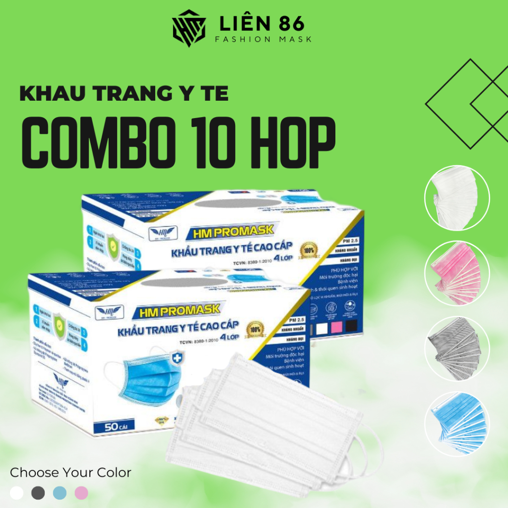 Thùng 10 Hộp Khẩu trang y tế HM pro mask 4 lớp kháng khuẩn, chống nắng, chống bụi mịn [Combo 99k ...