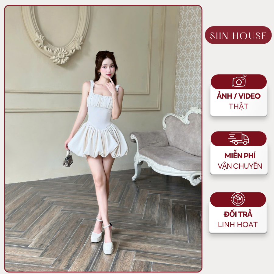 Đầm váy bí 2 dây bồng xòe bo chun eo Siin House | Shopee Việt Nam