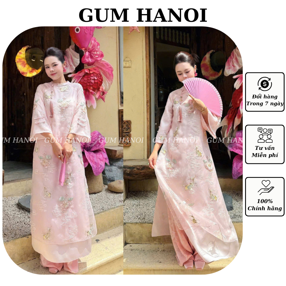 Áo dài cách tân Ngọc Ẩn 4 tà thêu sen ngư nổi dáng suông, Set áo dài Tết dài tay đính khuy cổ ...