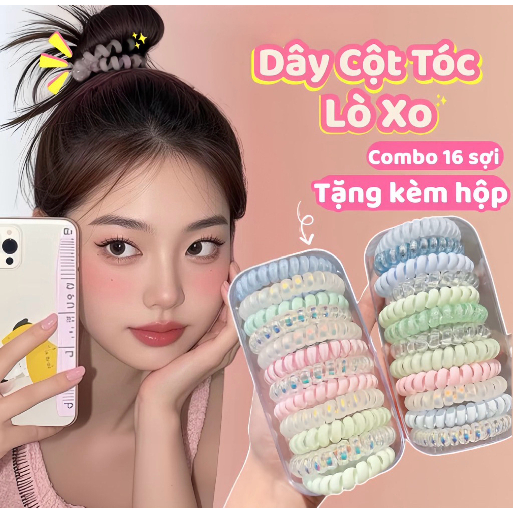 [Tặng Hộp ]Combo 16 dây cột tóc lò xo mix 4 màu paster đáng yêu ...
