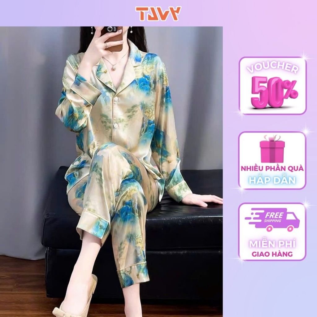 Đồ bộ Pijama TUVY tay dài lụa Latin cao cấp thiết kế trắng họa tiết hoa ...