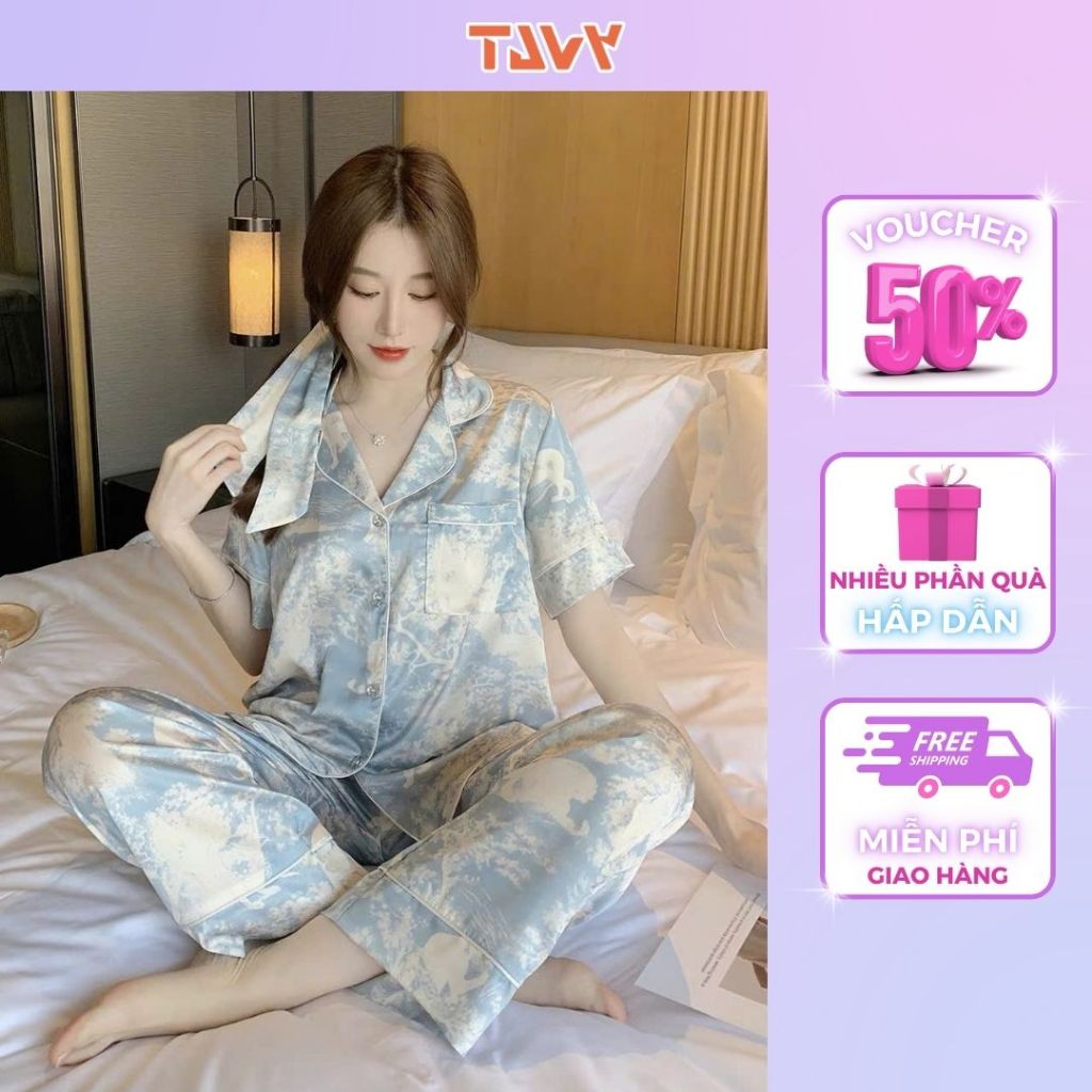 Đồ bộ Pijama TUVY tay ngắn lụa Latin cao cấp thiết kế trắng họa tiết ...