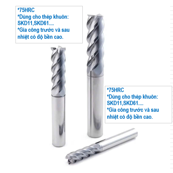 Dao phay endmill bằng hợp kim 75HRC.Dùng để phay thép trước và sau nhiệt SKD11 SKD61, gang, inox ...