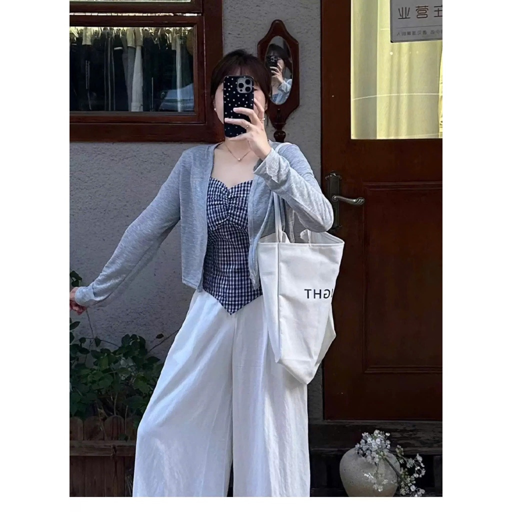 Set áo hai dây kẻ caro vạt nhọn kèm áo khoác cardigan thun mỏng, set 2 ...