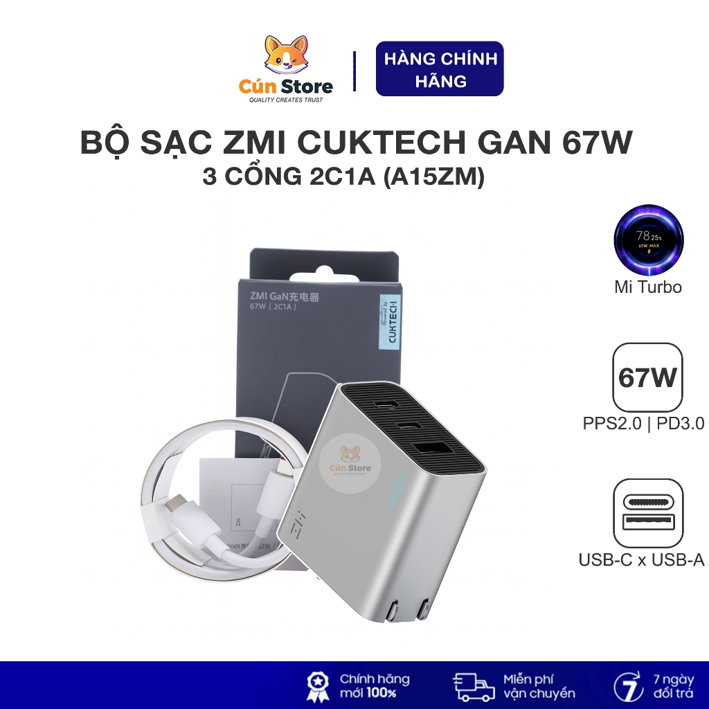 Bộ sạc ZMI Cuktech GaN 67W A15ZM, sạc 3 cổng (2C1A) hỗ trợ PD3.0, PPS ...