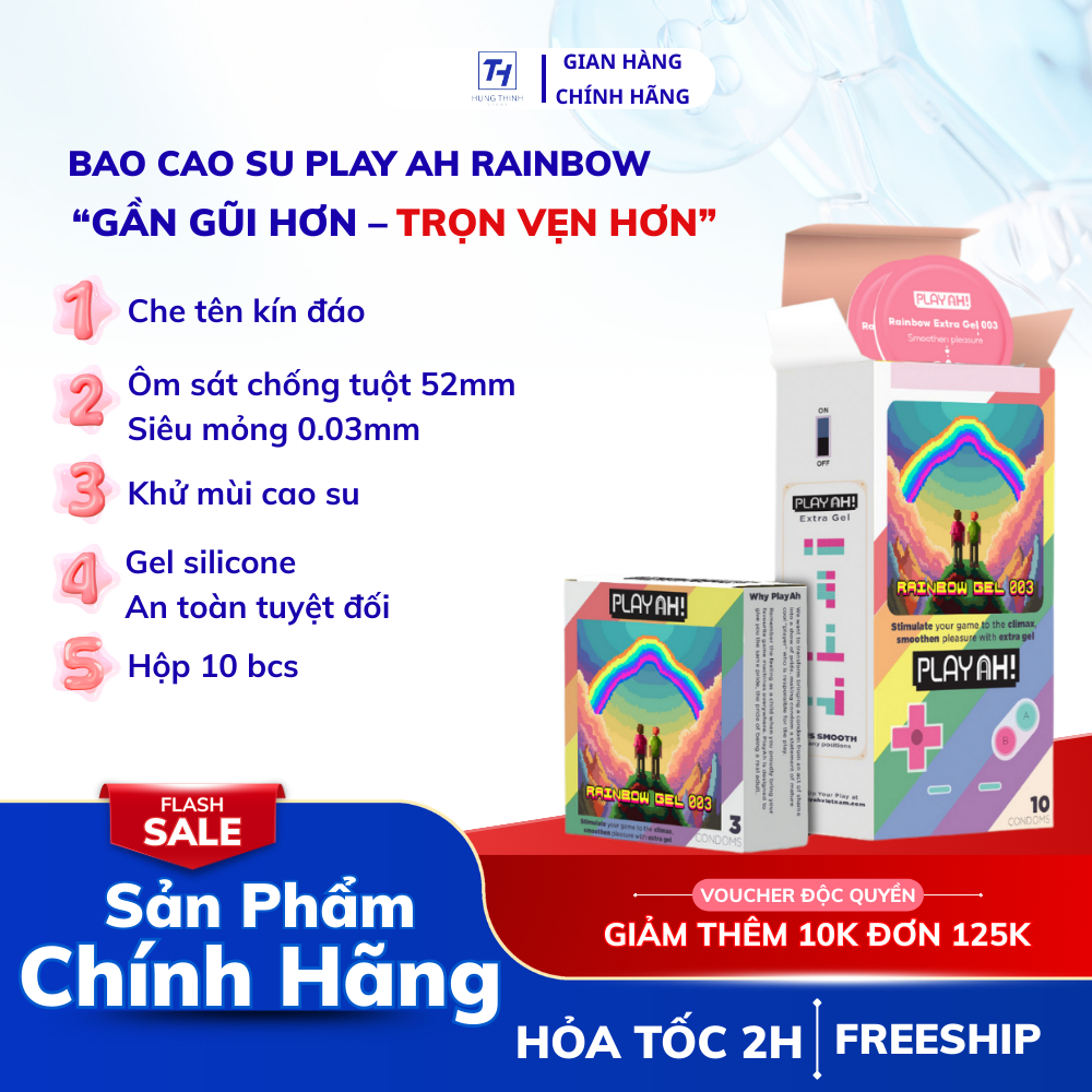 Bao Cao Su PlayAh Rainbow gel 003 siêu mỏng, nhiều gel, size 52mm hộp 3 ...