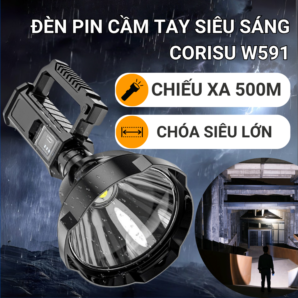 Đèn pin cầm tay W591 Corisu chiếu xa khoảng trên 500m pin trâu có chân đế chống nước - Bảo hành ...